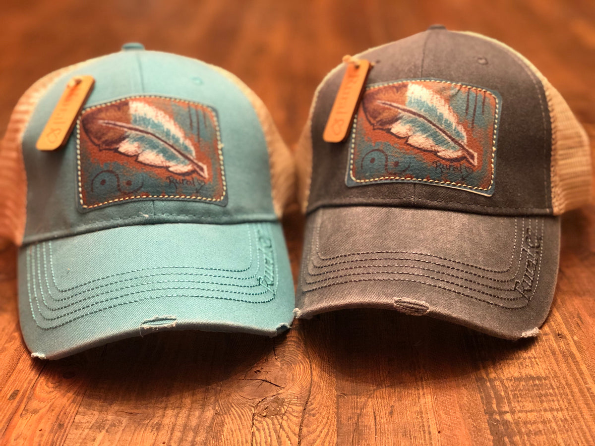 Rural Heart by Rene Earnhardt “Teal Feather” ball cap in denim or teal