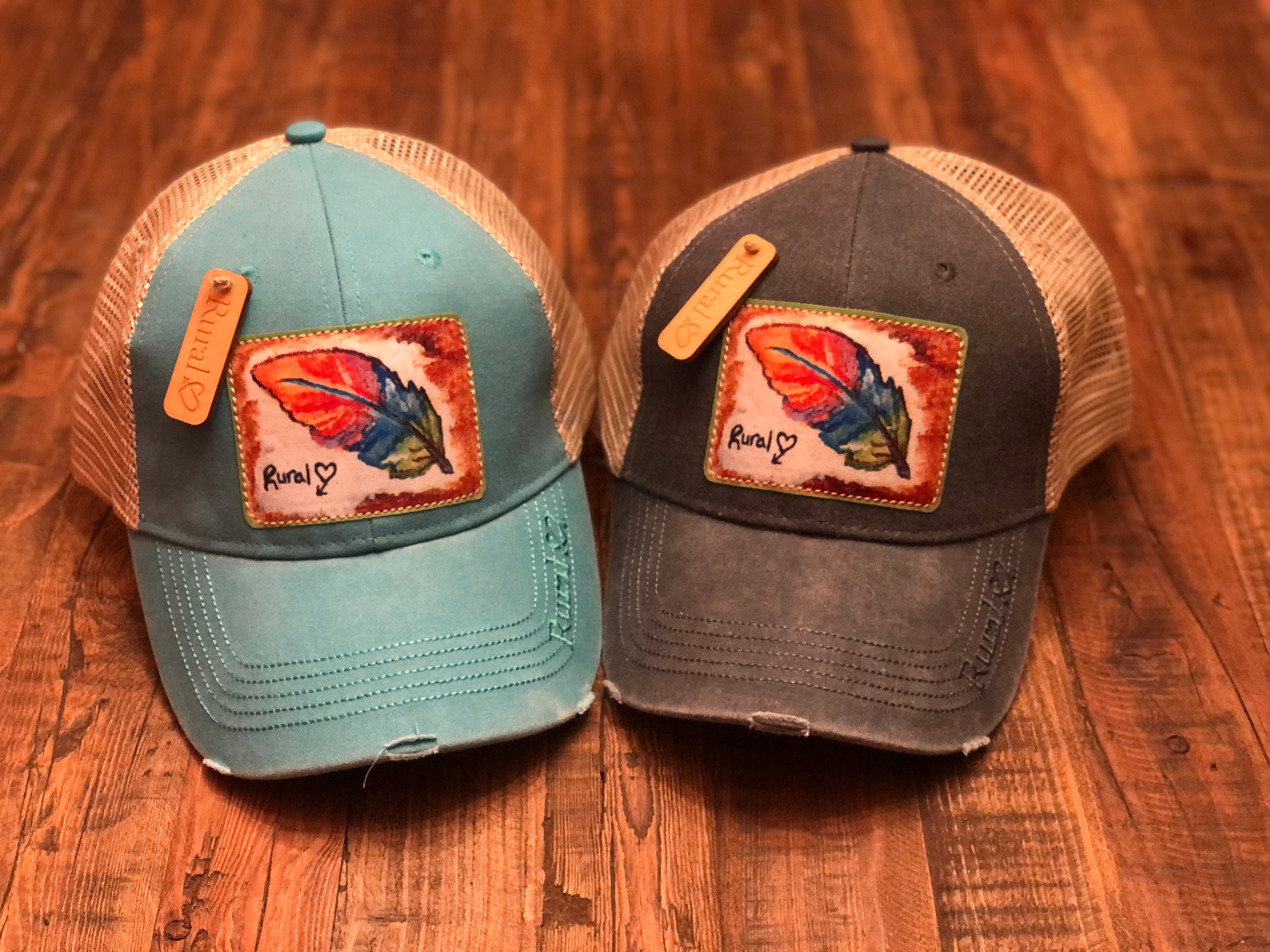 “Fun Feather” Rural Heart ball cap in Denim or Teal Hat w/ Velcro clos